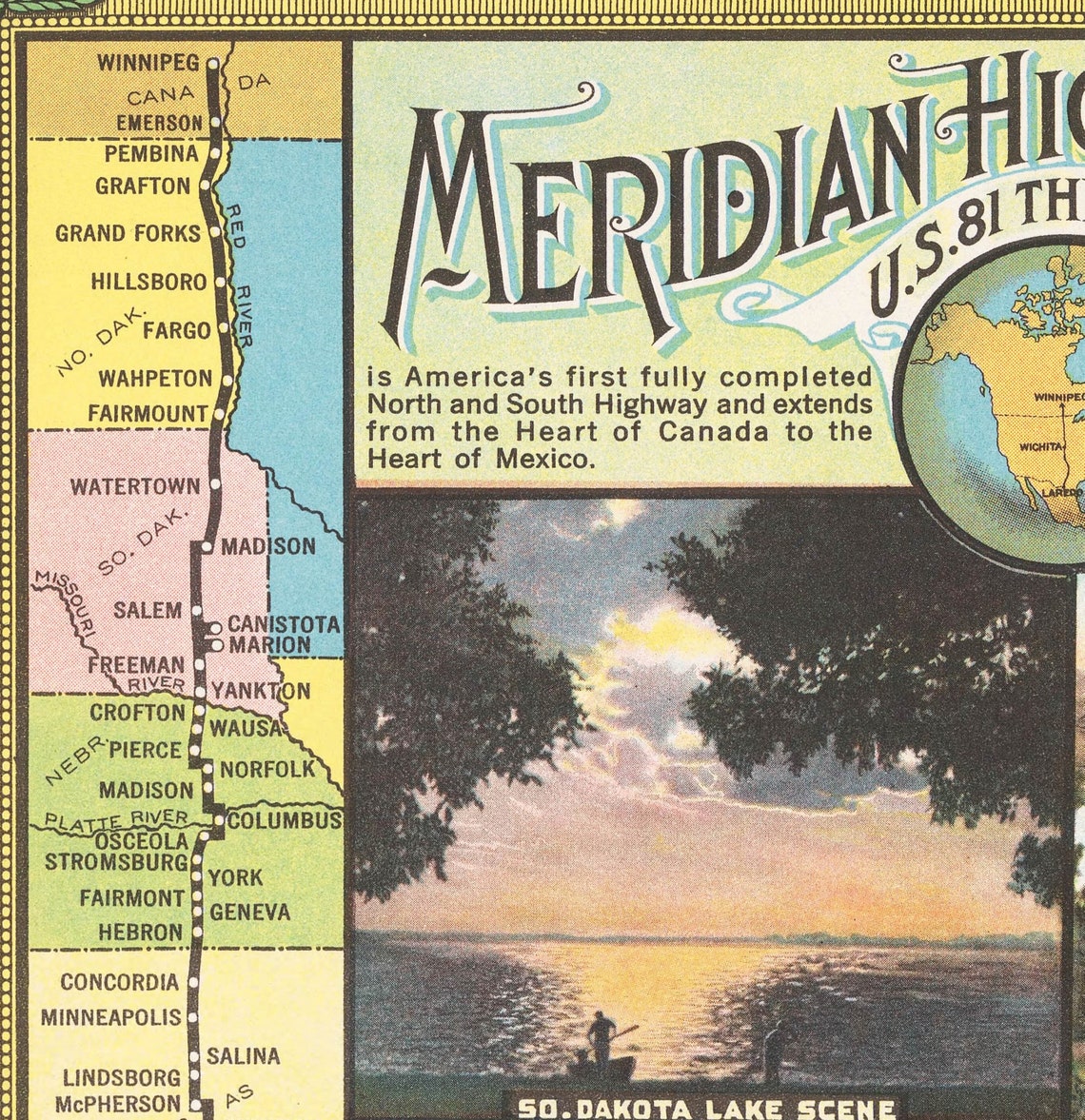 MERIDIAN HIGHWAY US 81 Map Vintage Illustration Map 1937-unframed ...