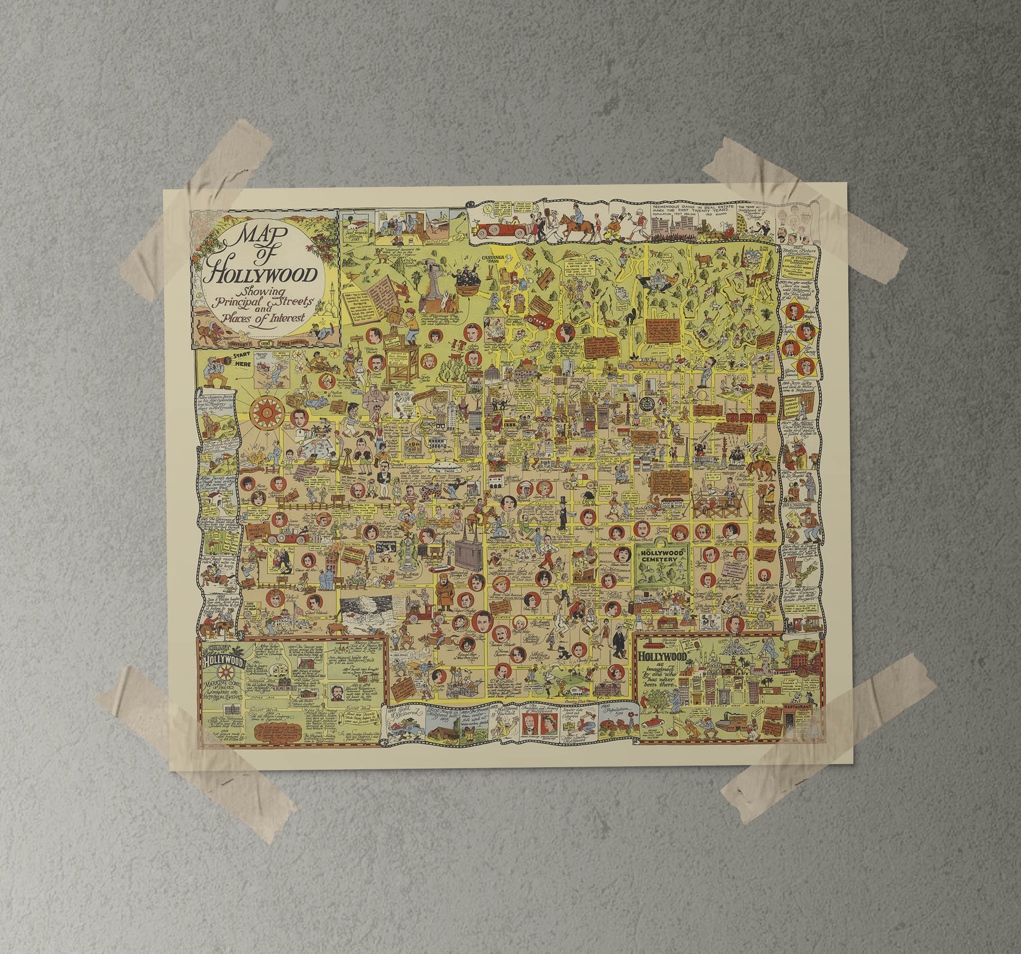 MAP OF HOLLYWOOD, Pictorial Map 1928, -unframed- Vintage Illustration ...