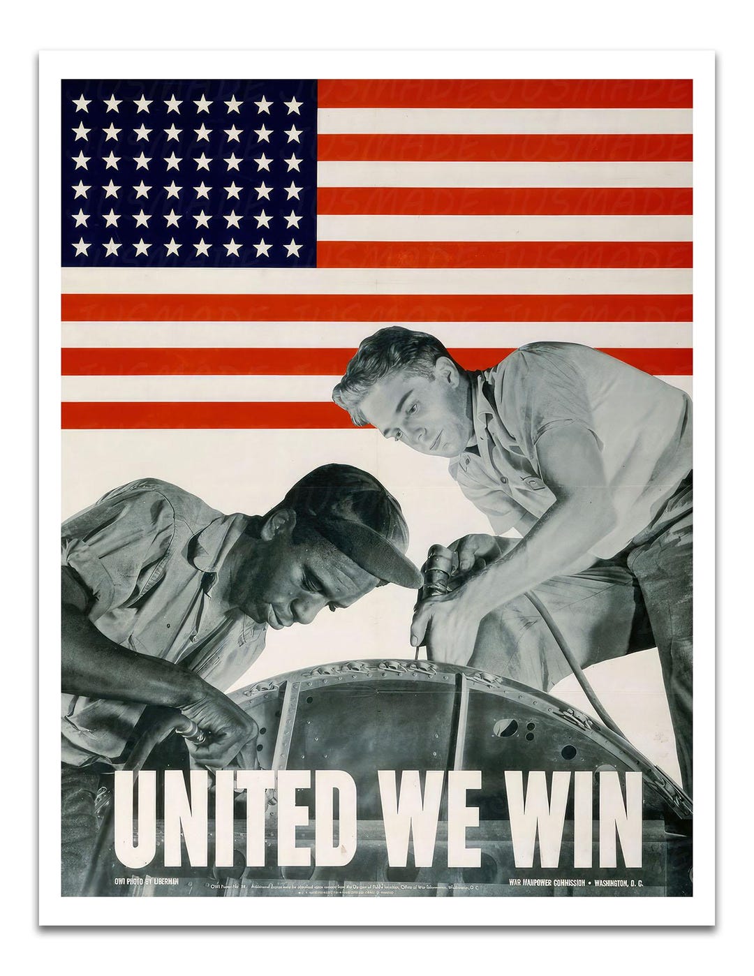 UNITED WE WIN | Vintage 1940s WW2 Workers American Flag Poster ...