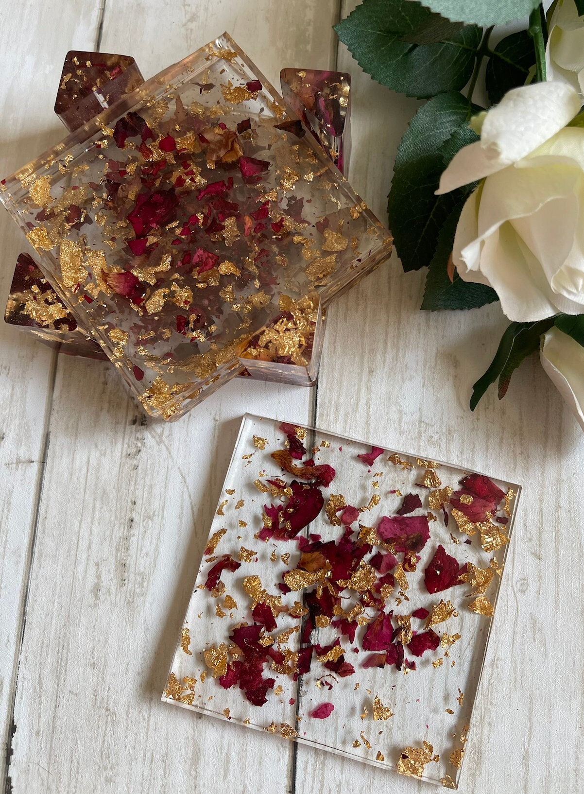 Set of 4 Resin Coasters With Holder Dried Flower Coasters Pressed ...