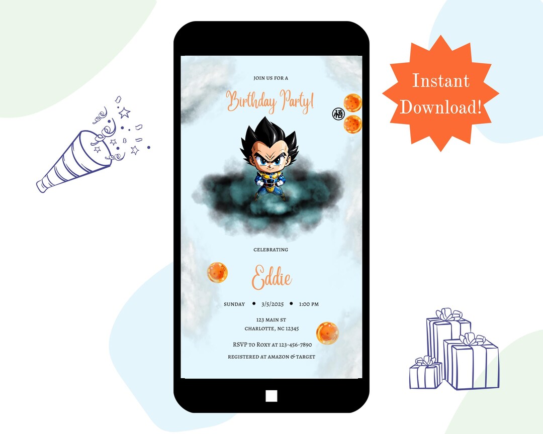 Vegeta, Birthday Party Invitation, Dragon Ball Z, Printable Template ...