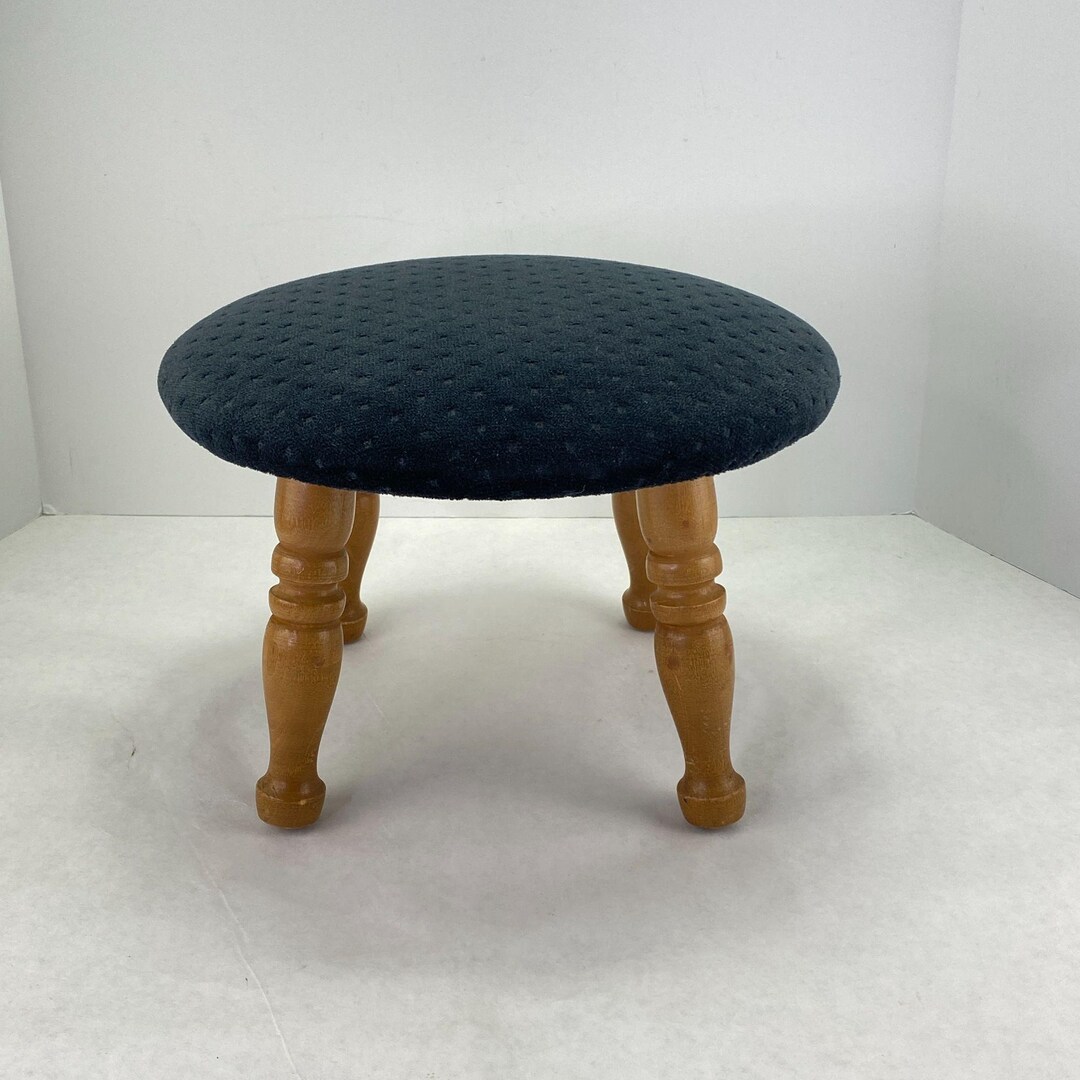 Vintage Round Wood Black Fabric 4 Turned Legs Foot Rest Stool - Etsy