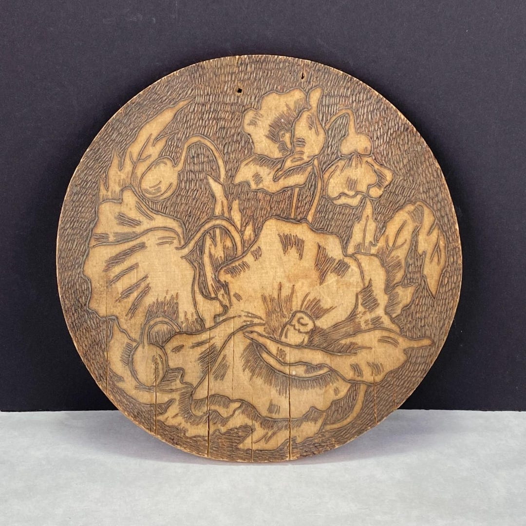 Antique 1908 Flemish Art Pyrography Poppy Floral Wall Plaque - Etsy
