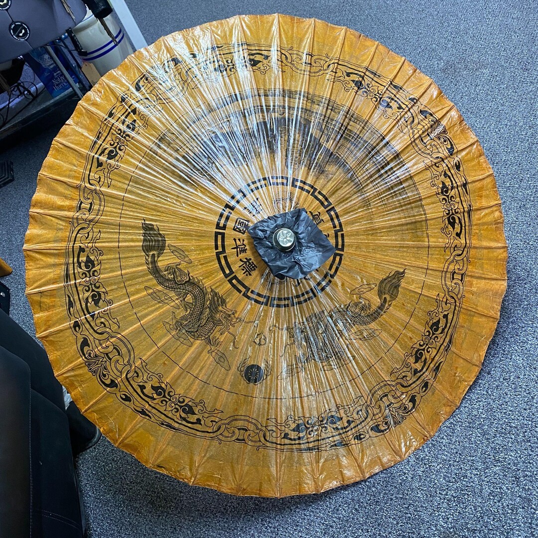 Vintage Asian-style Wood and Paper Parasol With Dragon Elephant Motifs ...