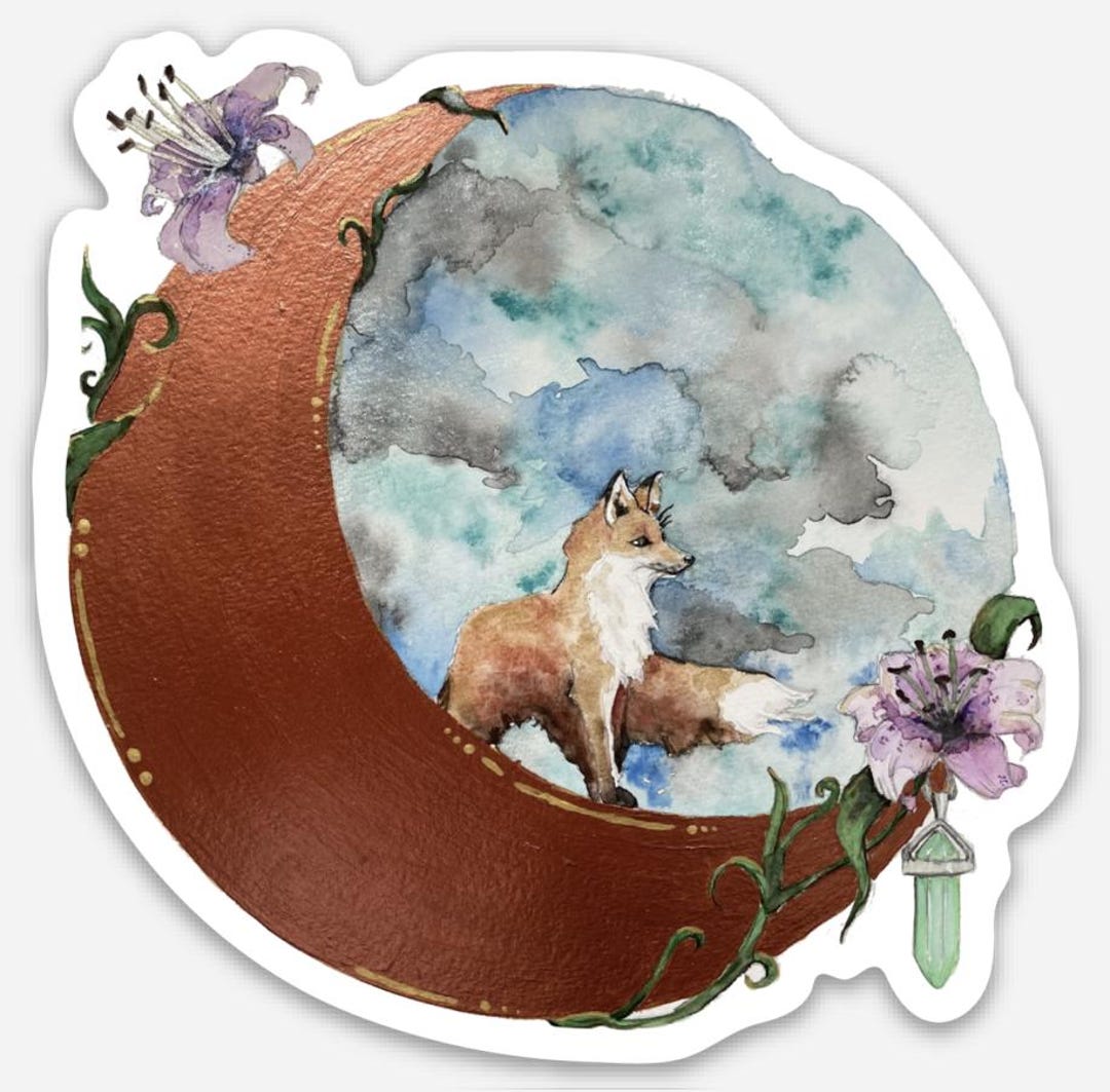 Crescent Moon Fox - Fox Book Laptop Decal- Hydro Flask Sticker ...