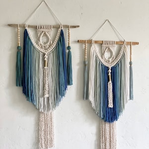 Blue Macrame Wall Hanging, Colored Yarn Wall Hanging, Crystal Wall ...