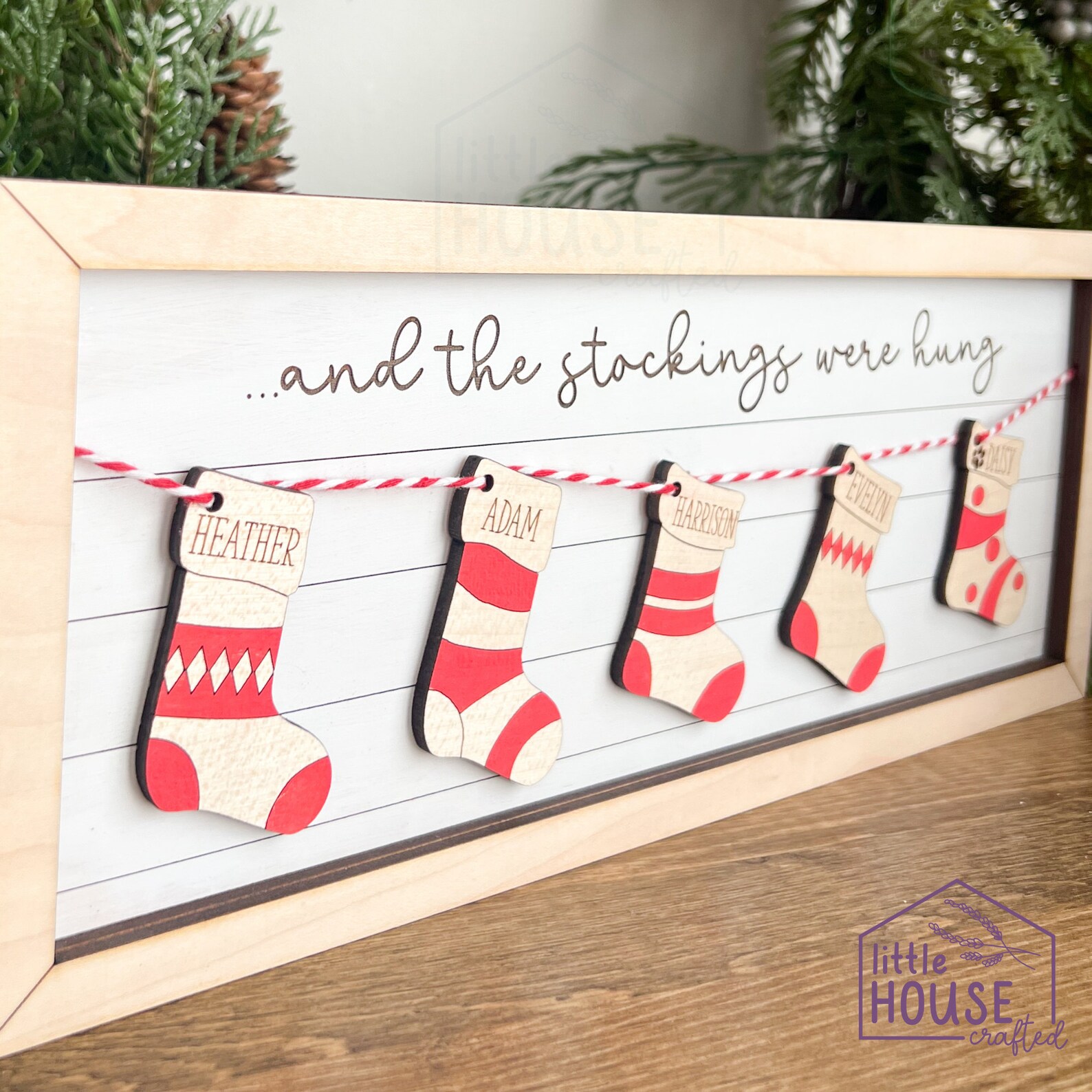 Personalized Christmas Stocking Family Sign | Leaning Maple Wood Decor ...