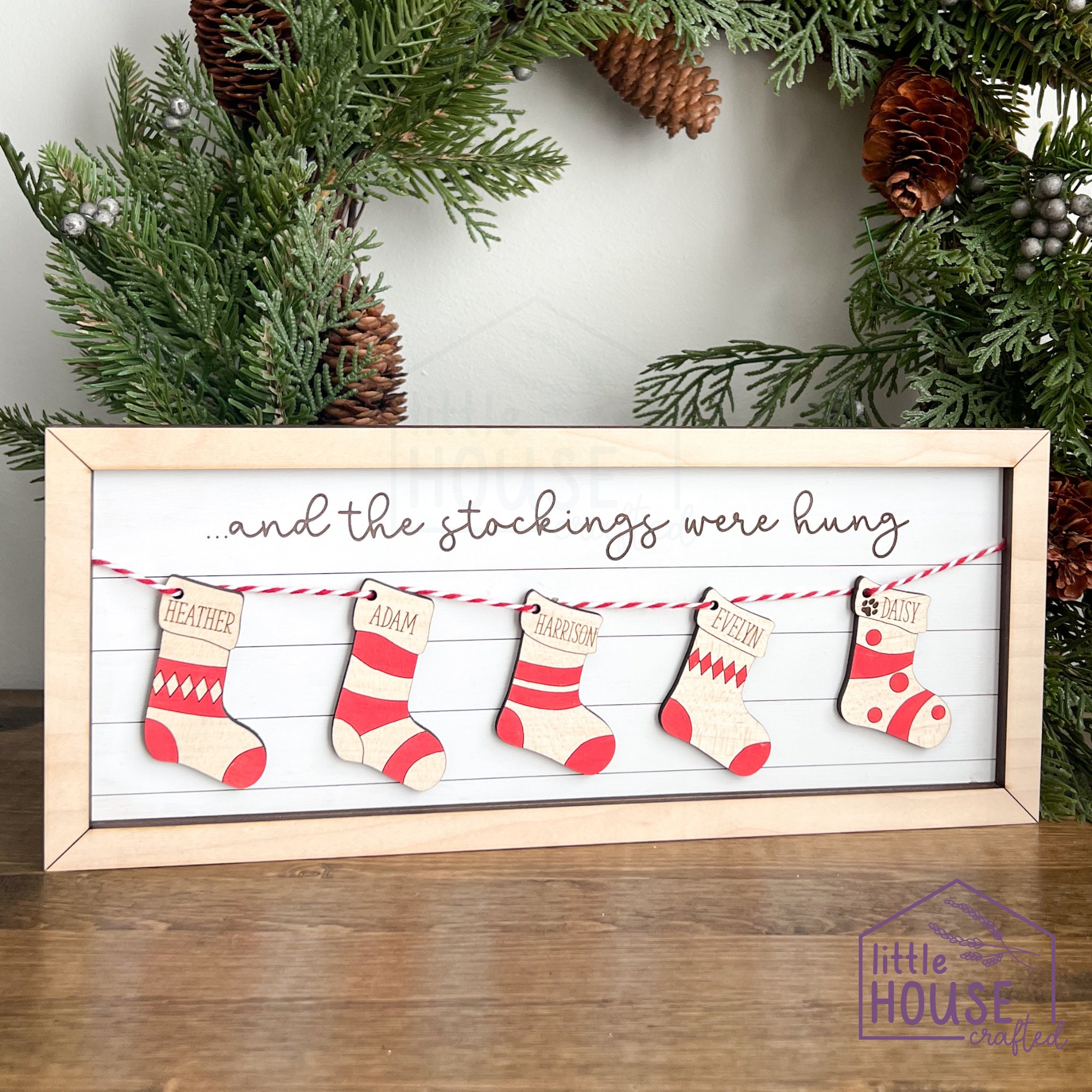 Personalized Christmas Stocking Family Sign | Leaning Maple Wood Decor ...
