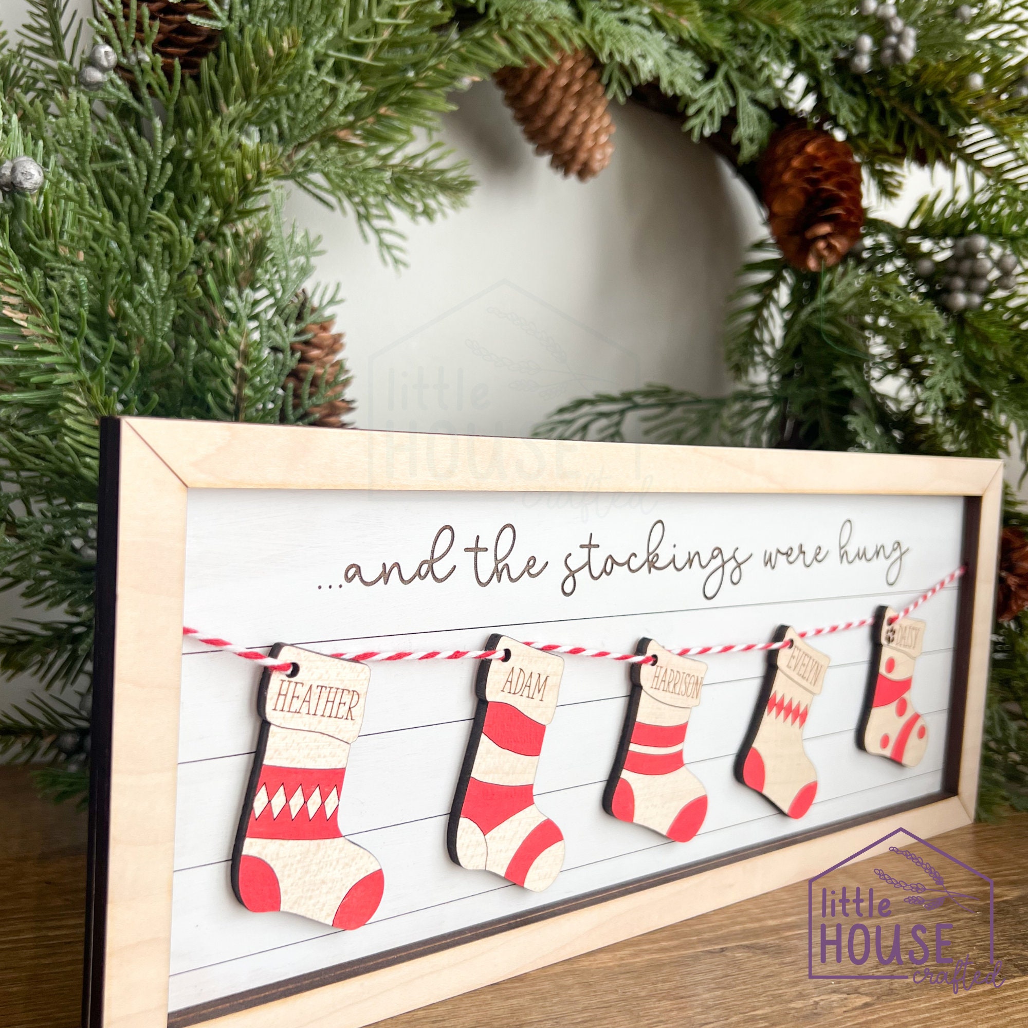 Personalized Christmas Stocking Family Sign | Leaning Maple Wood Decor ...