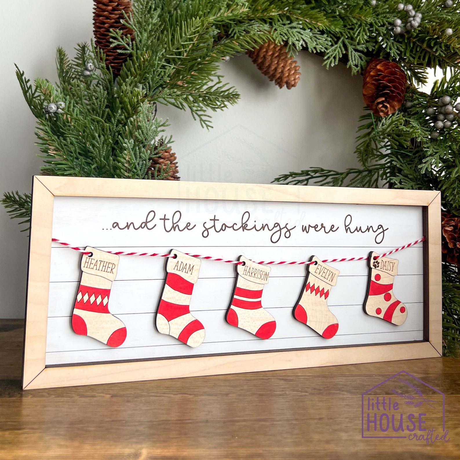 Personalized Christmas Stocking Family Sign | Leaning Maple Wood Decor ...