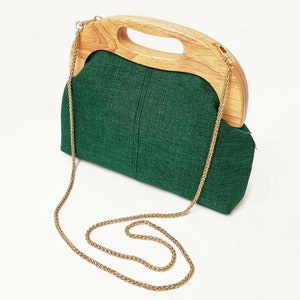 Curved Timber Frame Clutch With Cut Out Handle // Emerald Green Woven ...