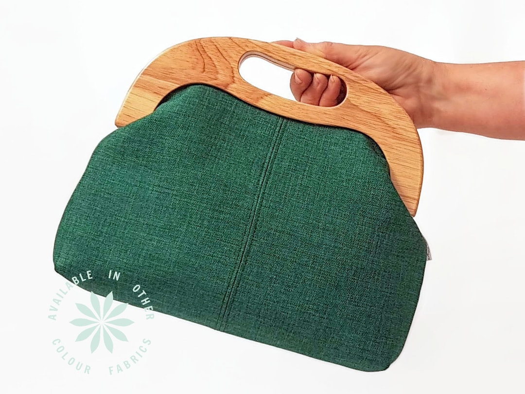Curved Timber Frame Clutch With Cut Out Handle // Emerald Green Woven ...