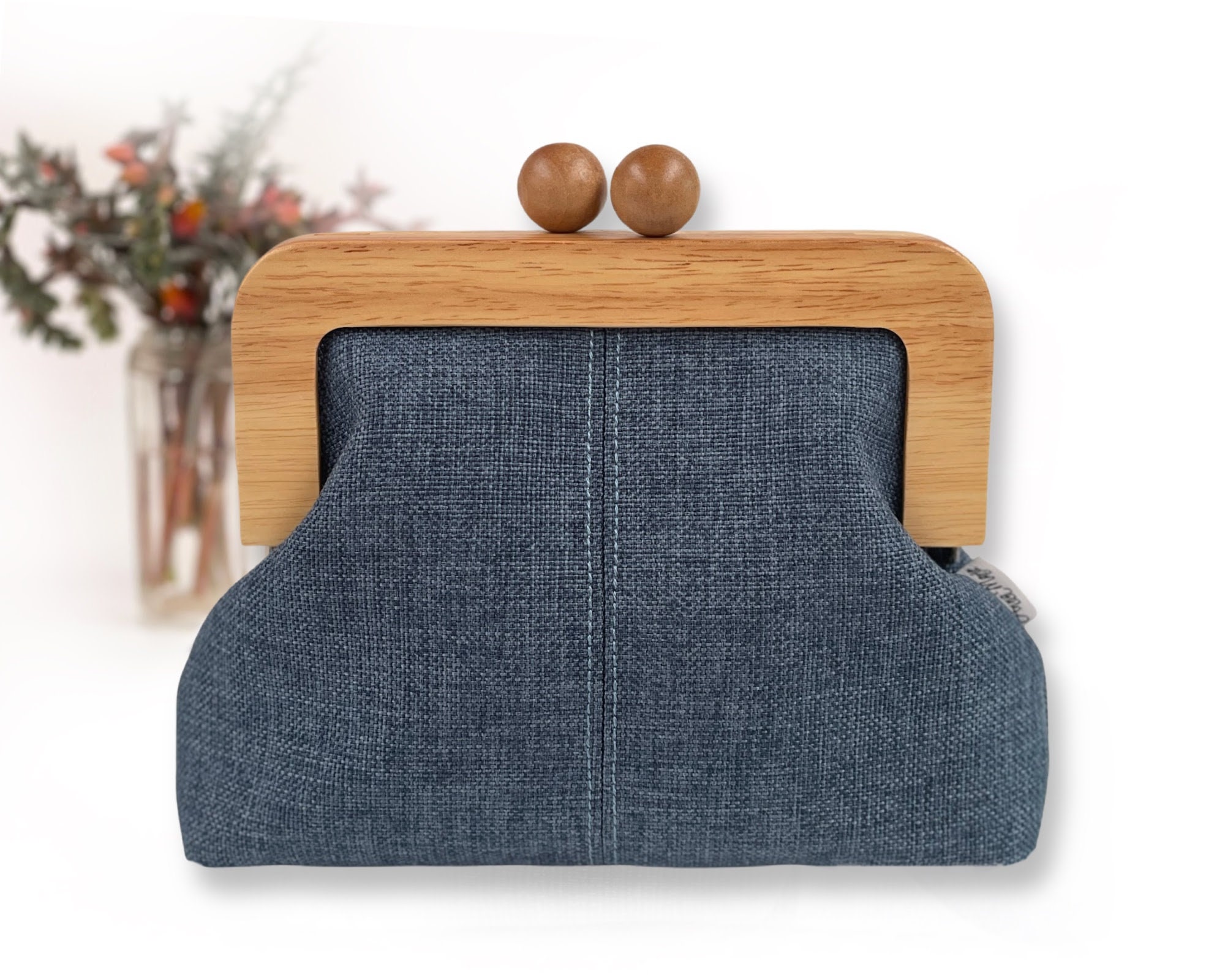 20cm TIMBER Wood Frame / Square Clutch Purse With Wood Bead Feature ...