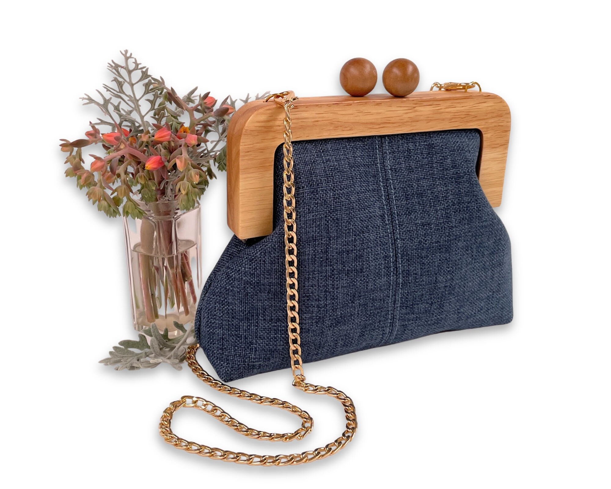 20cm TIMBER Wood Frame / Square Clutch Purse With Wood Bead Feature ...