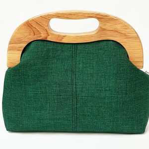 Curved Timber Frame Clutch With Cut Out Handle // Emerald Green Woven ...