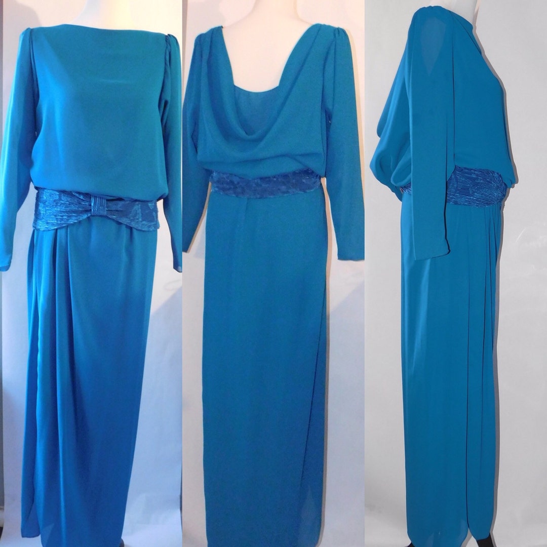 Vintage 1970s Pat Richards Michael Maiello Sheer Teal Chiffon Drop Waist Gown Sculpture Draped ...