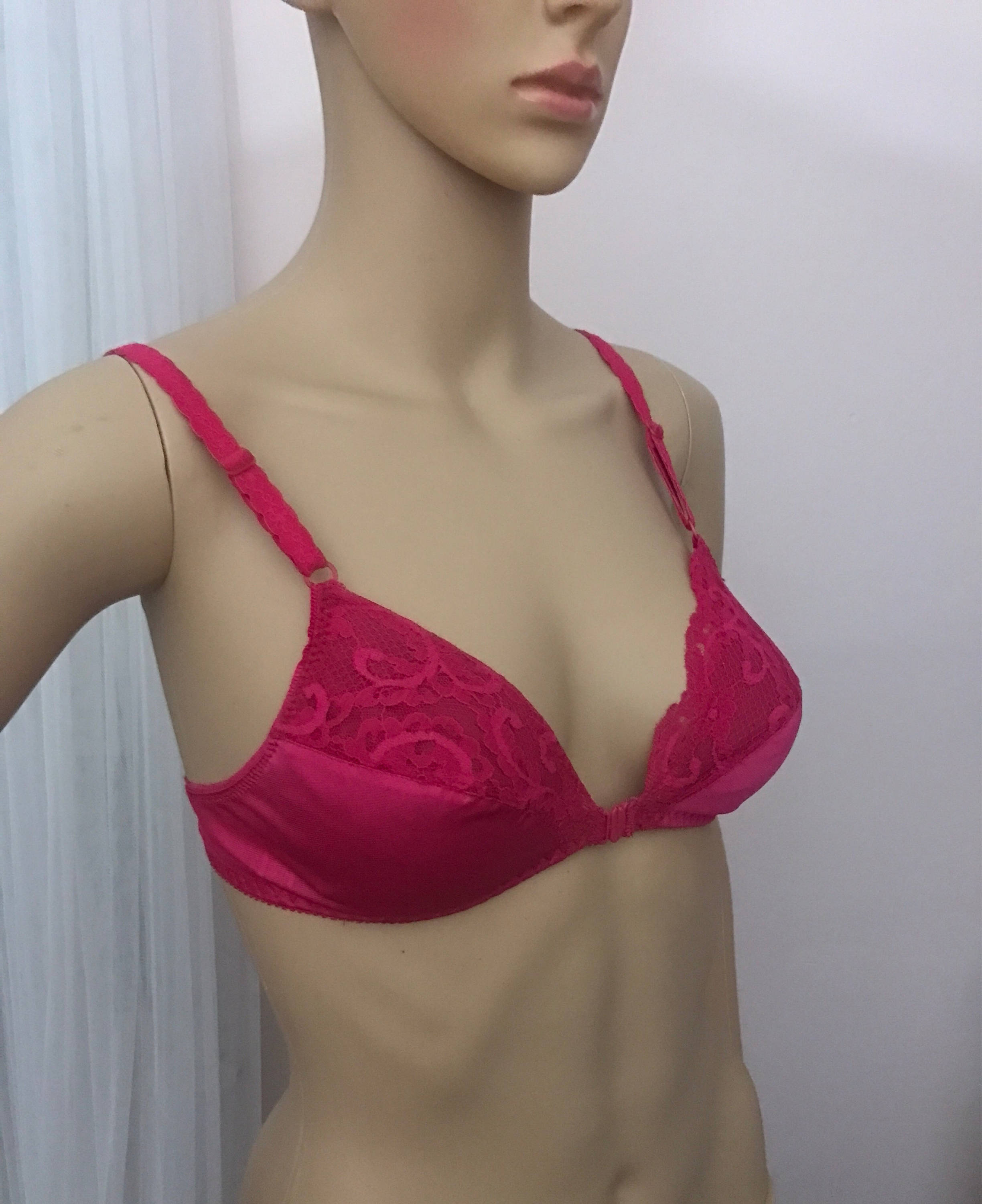 Vintage Jcpenney Nicen Spicy Antron Iii Nylon Soft Cup Lace Bra Front Closure 32b 32 B Magenta