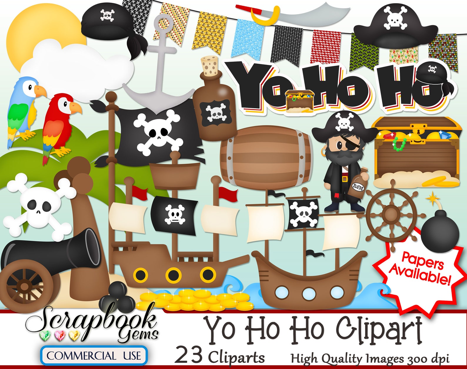 YO HO HO Pirates Clipart & Papers Kit 23 Png Clipart Files - Etsy