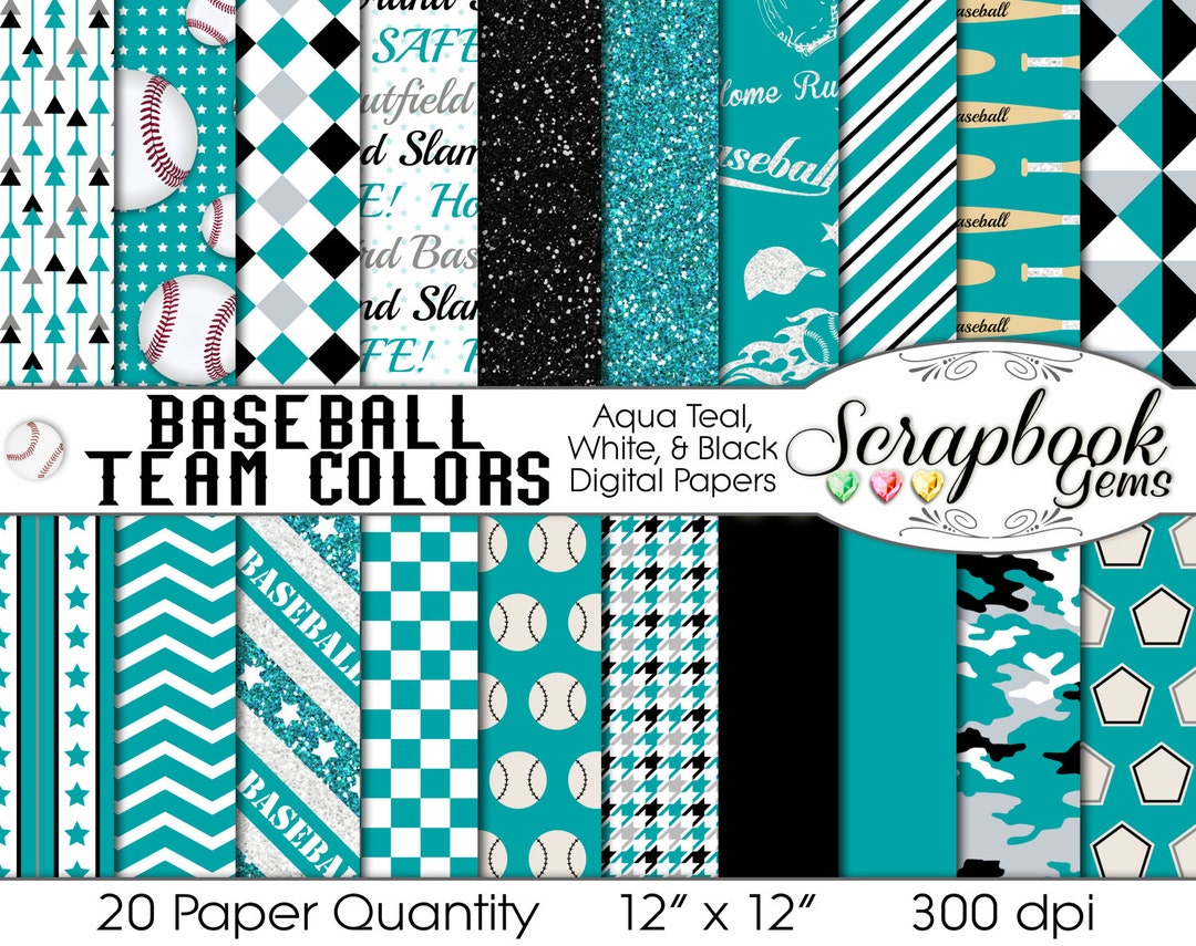Baseball Digital Papers Aqua-teal, White, & Black, 20 Pieces, 12" X 12 ...