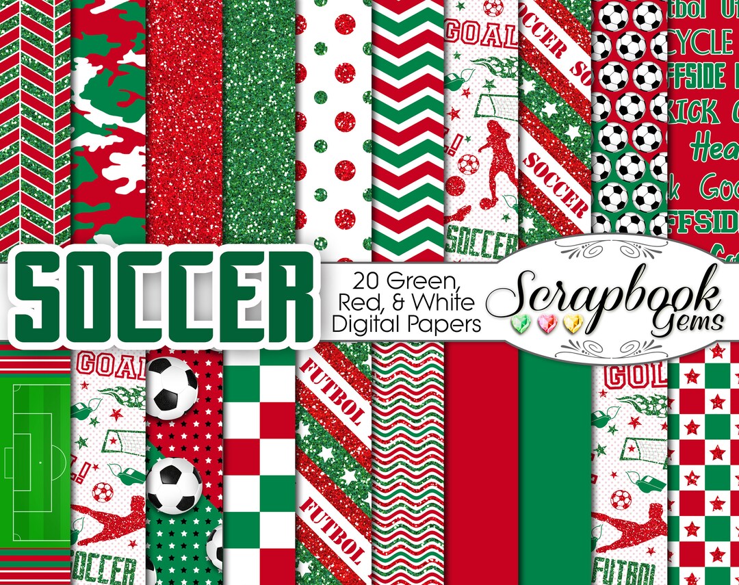 SOCCER Futbol Digital Papers Red, Green, & White 20 Pieces, 12" X 12 ...