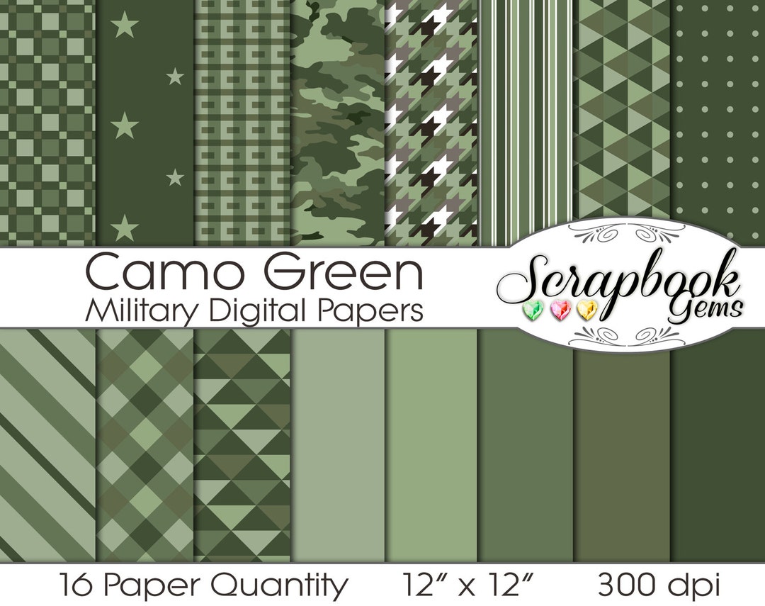 Camouflage Green Military Digital Papers, 16 Pieces, 12