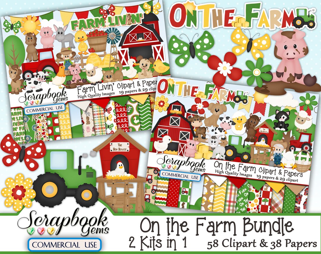 FARM BUNDLE - 2 Kits in 1, 58 Cliparts & 38 Papers, Instant Download ...