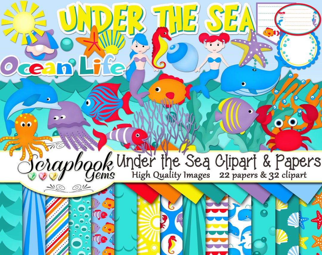 UNDER THE SEA Clipart and Papers Kit, 32 Png Clip Arts, 22 Jpeg Papers ...