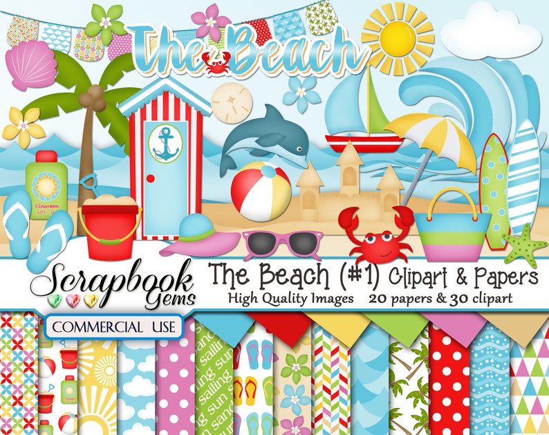 BEACH BUNDLE - 2 Kits in 1, 60 Cliparts & 40 Papers, Instant Download ...