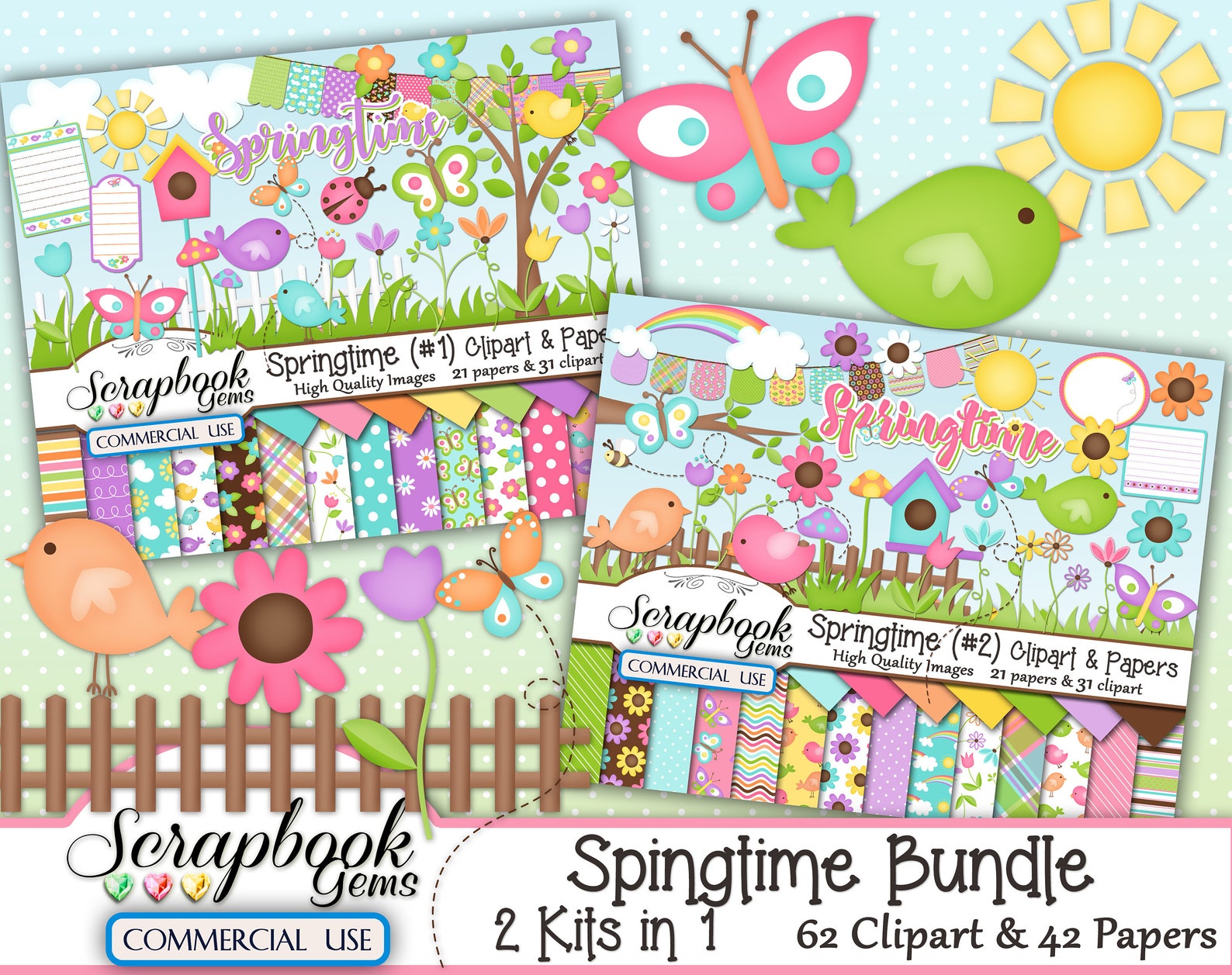 SPRINGTIME BUNDLE 2 Kits in 1 62 Cliparts & 42 Papers - Etsy
