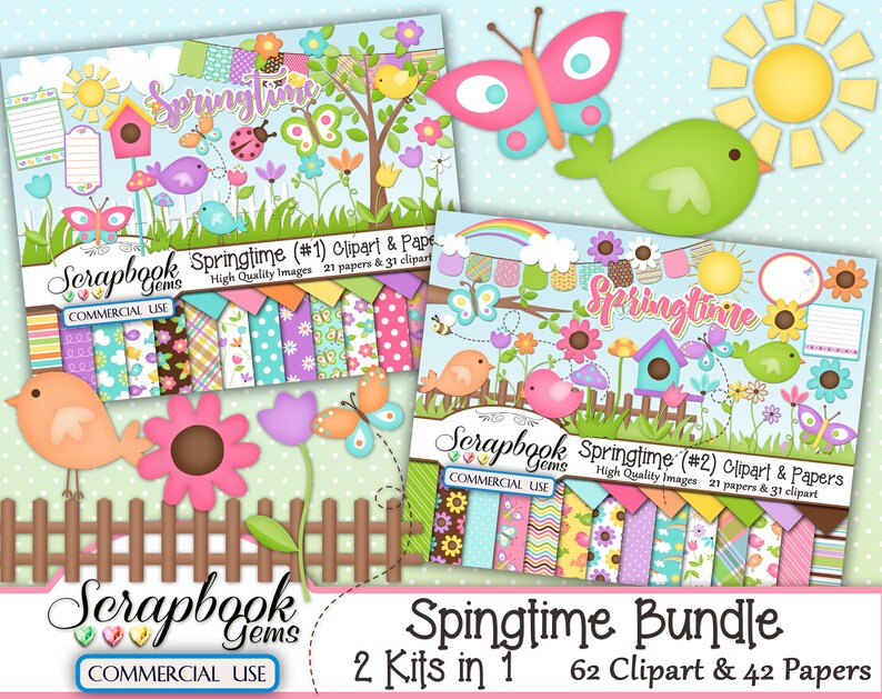 SPRINGTIME BUNDLE 2 Kits in 1 62 Cliparts & 42 Papers - Etsy