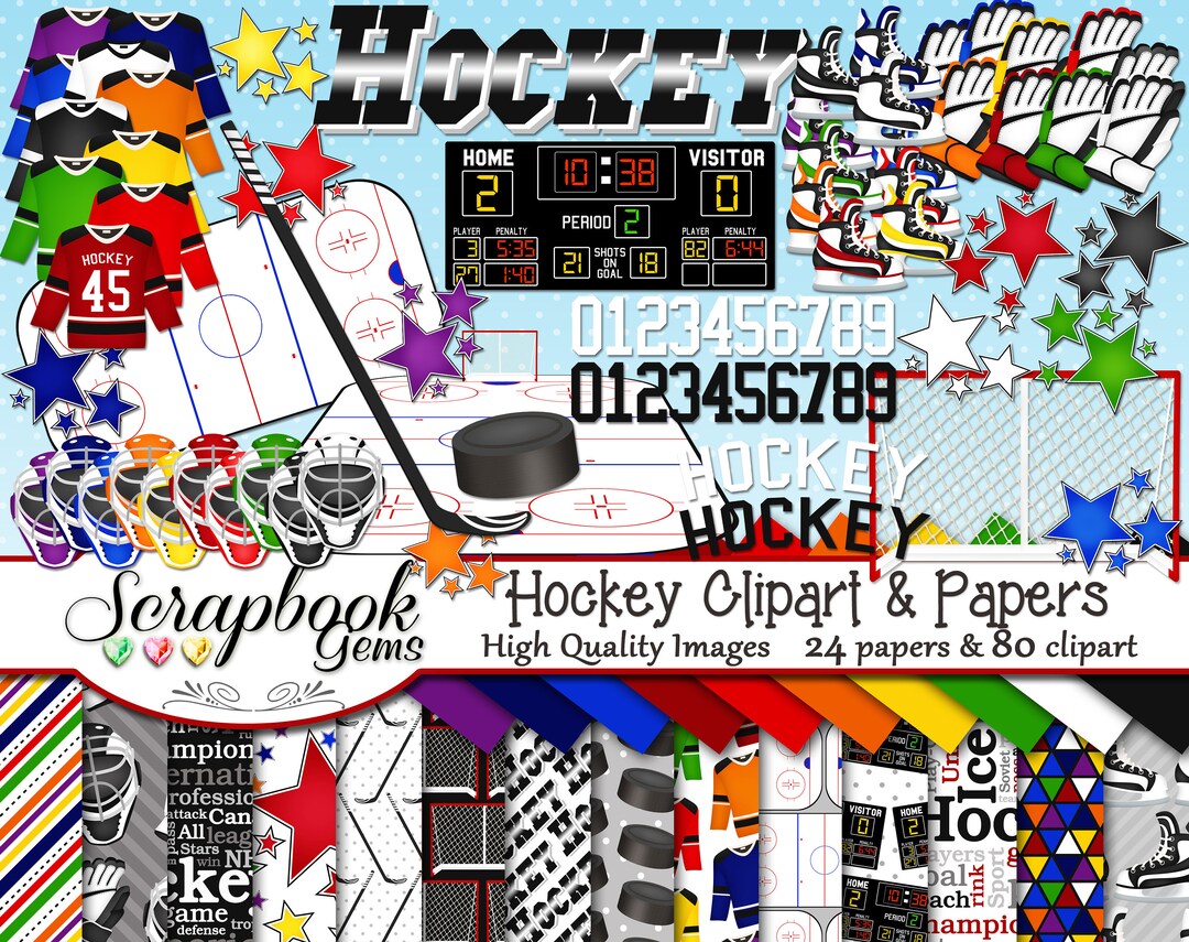 HOCKEY Clipart and Papers Kit, 80 Png Clip Arts, 24 Jpeg Papers Instant ...