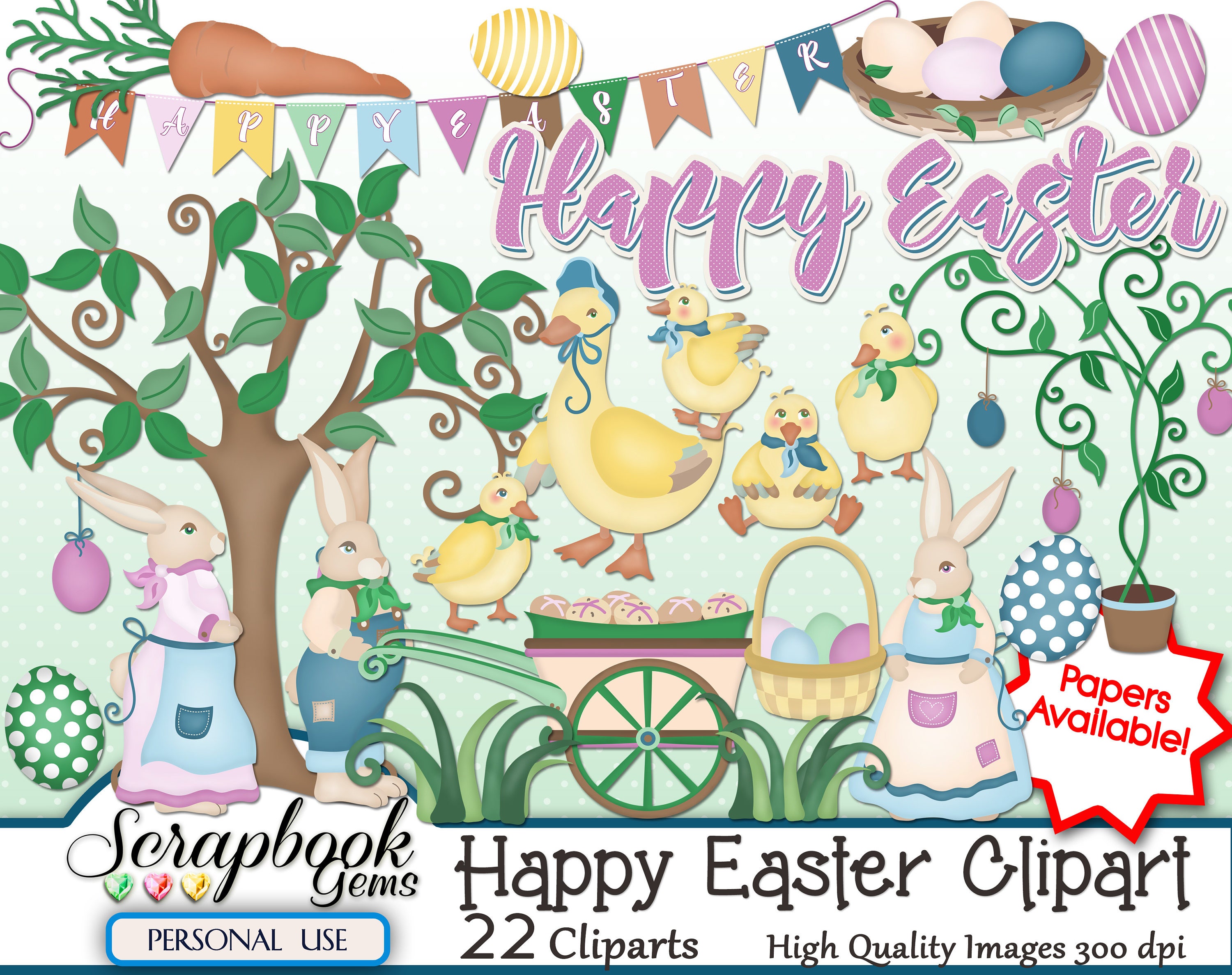 HAPPY EASTER Clipart & Papers Kit, 22 Png Clipart Files, 24 Jpeg Paper ...