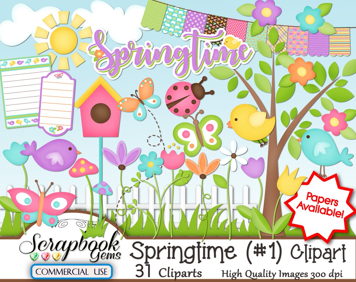 SPRINGTIME #1 Clipart & Papers Kit, 31 Png Clipart Files, 21 Jpeg Paper ...