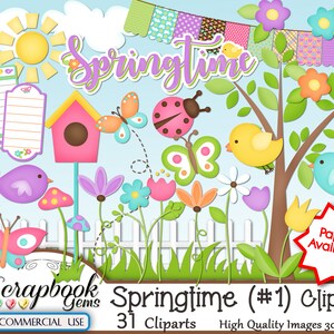 SPRINGTIME #1 Clipart & Papers Kit, 31 Png Clipart Files, 21 Jpeg Paper ...