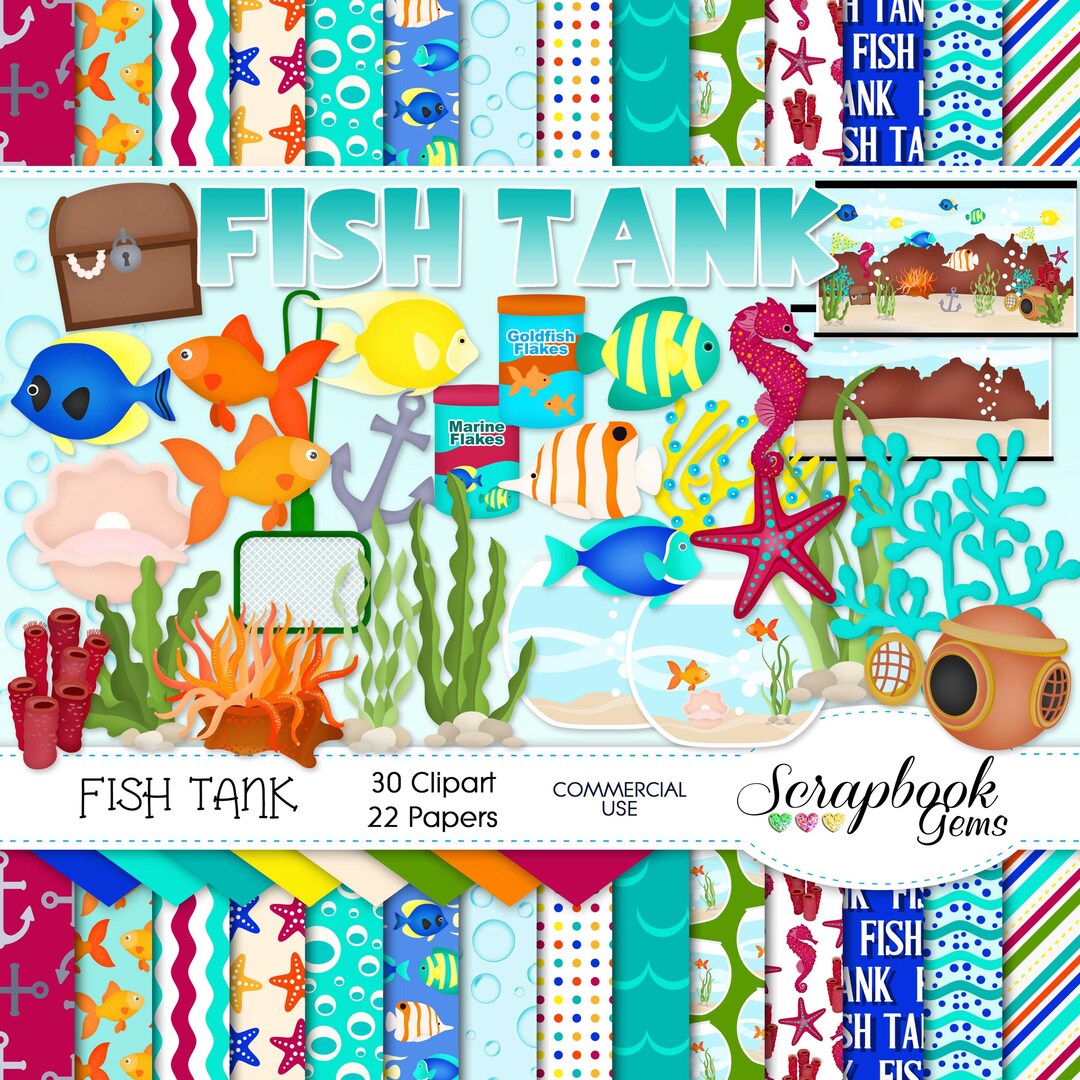 FISH TANK Clipart & Papers Kit, 30 Png Clip Arts, 22 Jpeg Papers ...