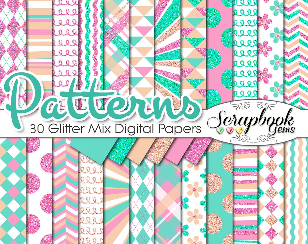Peach, Mint, & Pink GLITTER MIX Digital Papers, 30 Pieces, 12" X 12 ...
