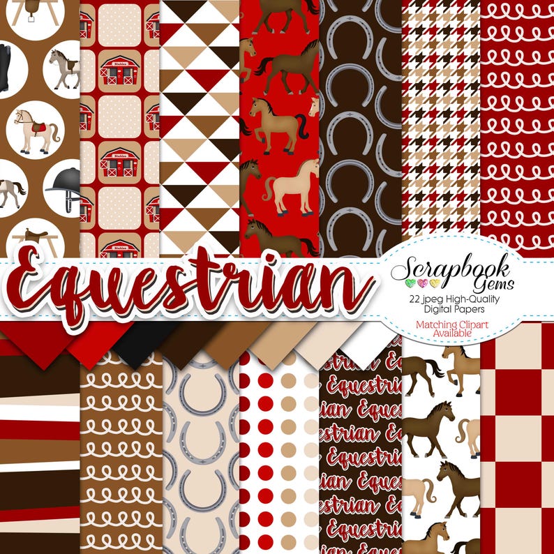 EQUESTRIAN Clipart and Papers Kit, 28 Png Clip Arts, 22 Jpeg Papers ...
