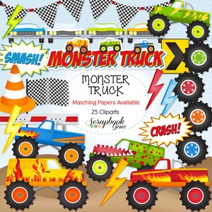 MONSTER TRUCK Clipart and Papers Kit, 25 Png Clip Arts, 24 Jpeg Papers ...