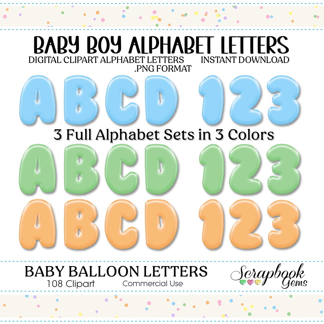 Baby Boy Puffy Balloon Alphabet Clipart, 108 High Quality PNG Files ...