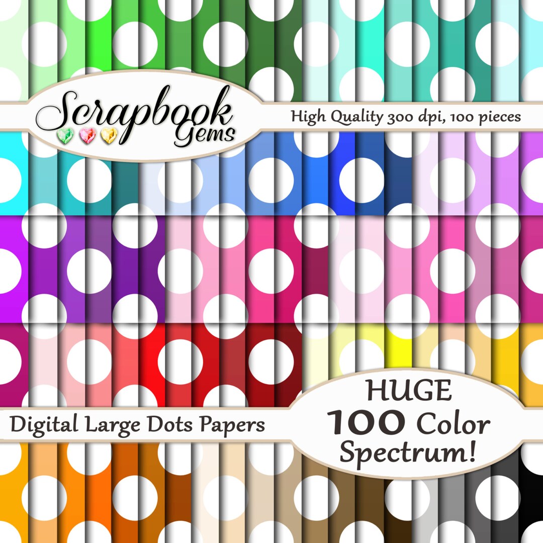 100 Colors Large Polka Dot Papers, 100 Pieces, 12 X 12, 300 Dpi High ...