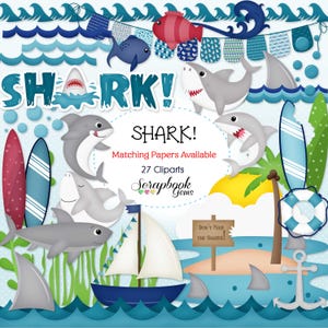 SHARK! Clipart & Papers Kit, 27 Png Clipart Files, 24 Jpeg Paper Files ...