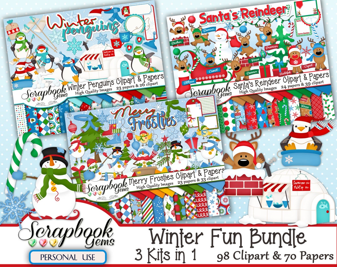 WINTER FUN BUNDLE - 3 Kits in 1, 98 Cliparts & 70 Papers, Instant ...