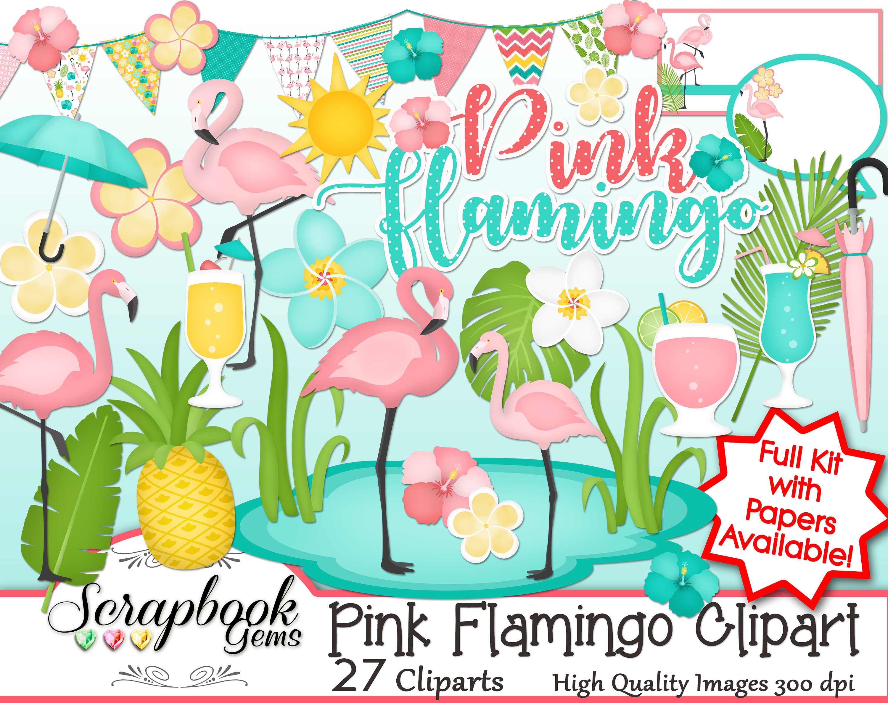 PINK FLAMINGO Clipart and Papers Kit, 27 Png Clip Arts, 21 Jpeg Papers ...