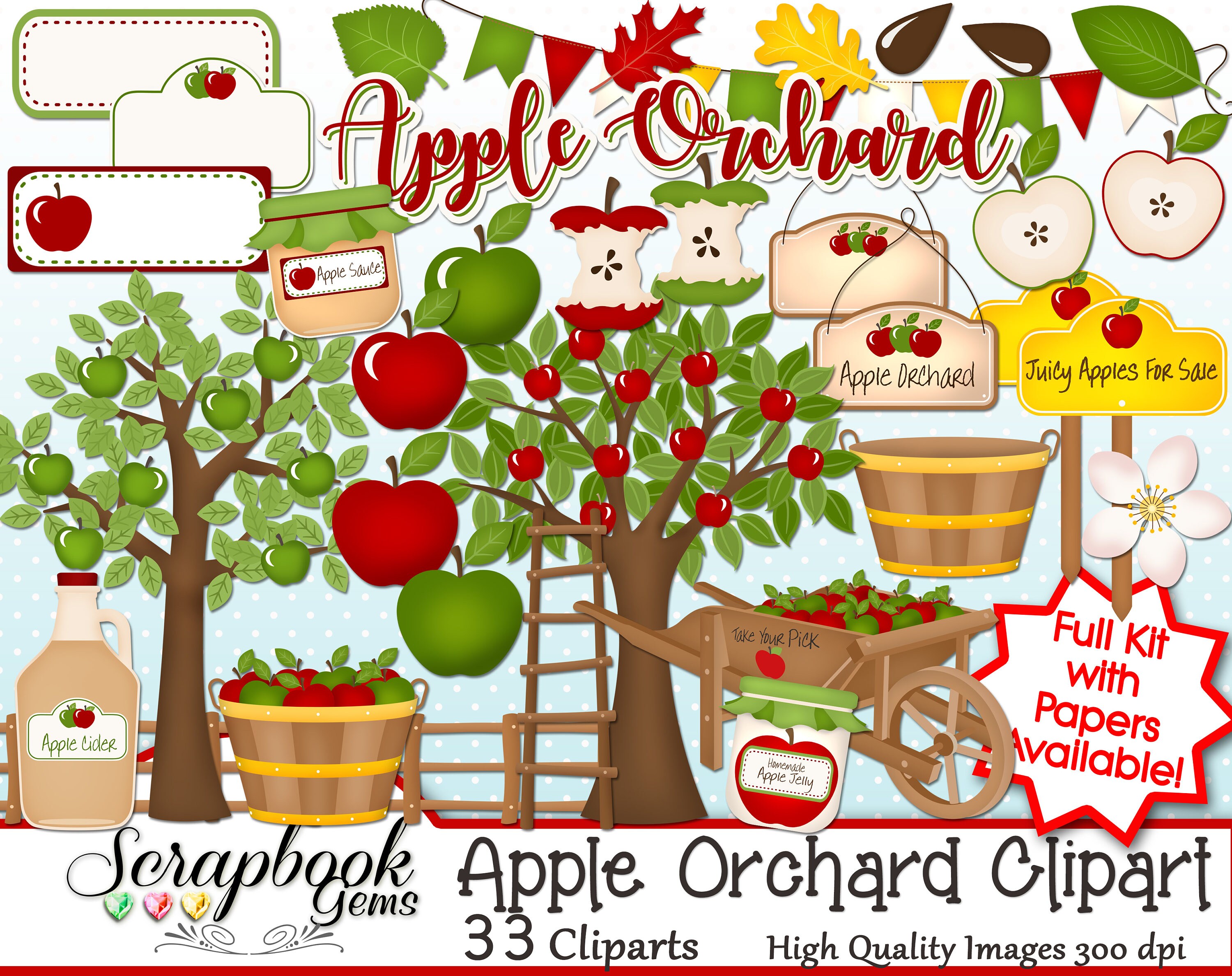 APPLE ORCHARD Clipart and Papers Kit 33 Png Clip Arts 23 - Etsy