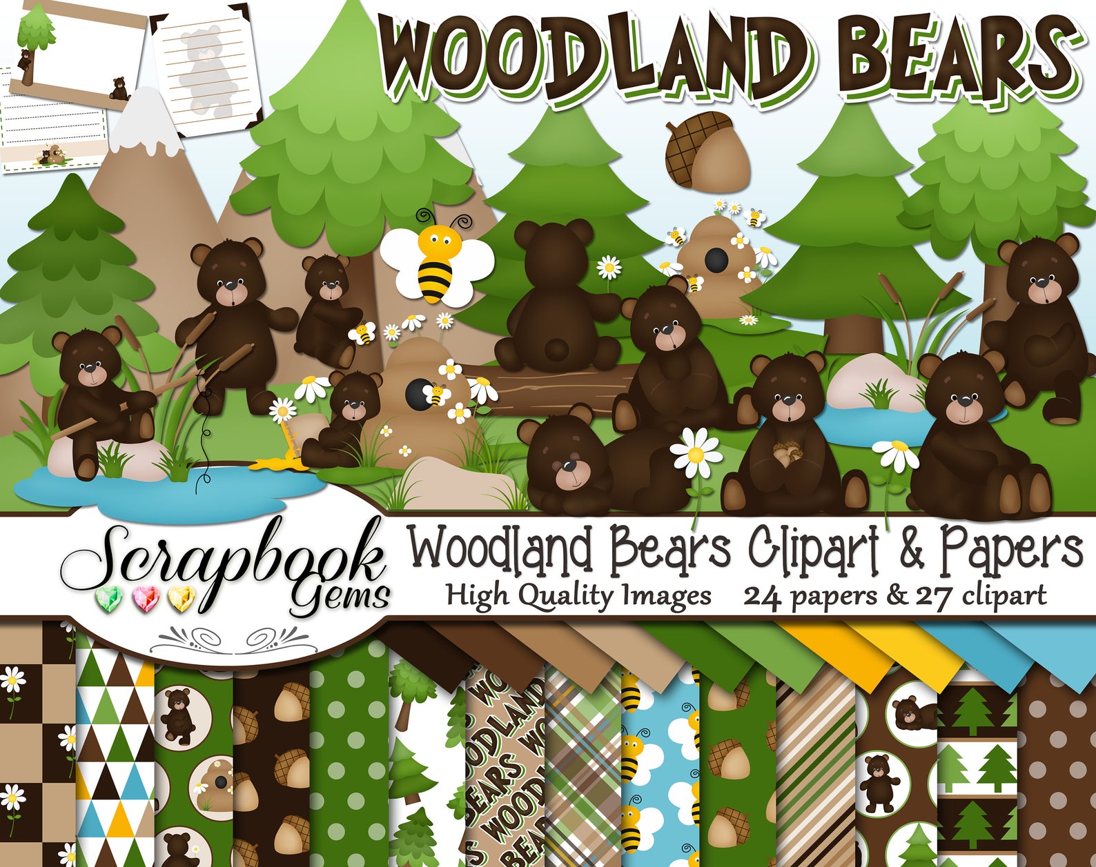 WOODLAND BEARS Clipart and Papers Kit 27 Png Clip Arts 24 | Etsy