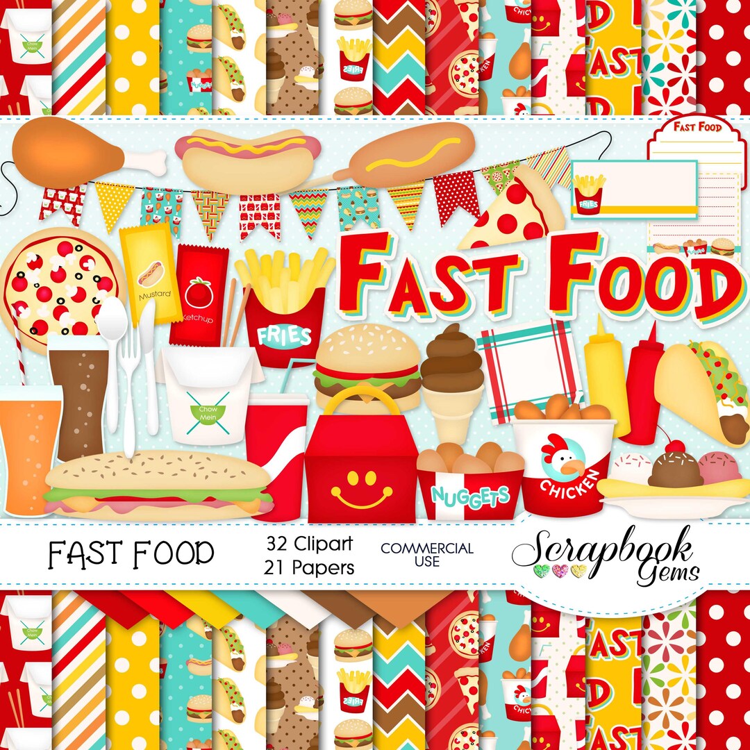 FAST FOOD Clipart and Papers Kit, 32 Png Clip Arts, 21 Jpeg Papers ...