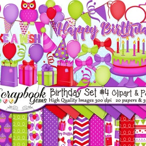 BIRTHDAY Set 4 Clipart and Papers Kit, 36 Png Clip Arts, 20 Jpeg Papers ...