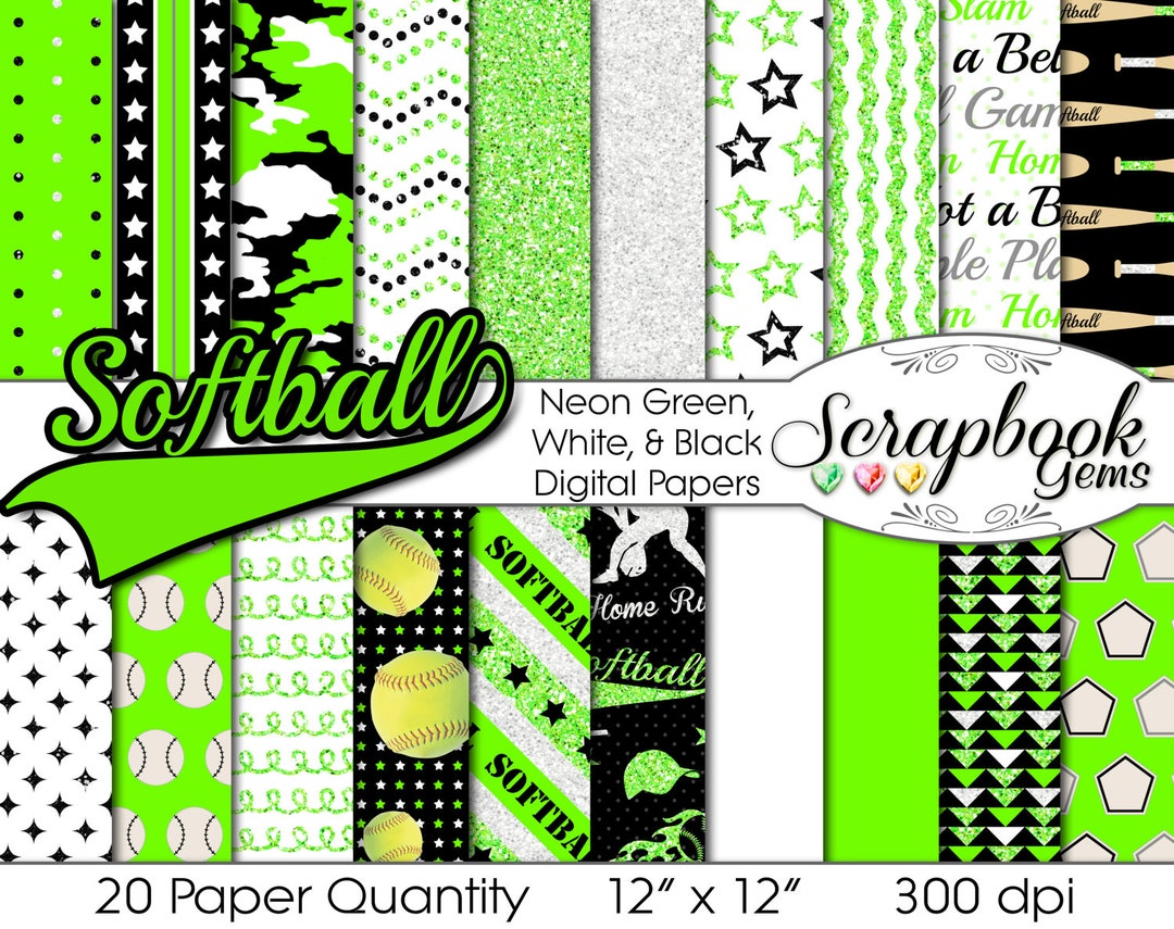 SOFTBALL Digital Papers Neon Green & White, 20 Pieces, 12" X 12", High ...