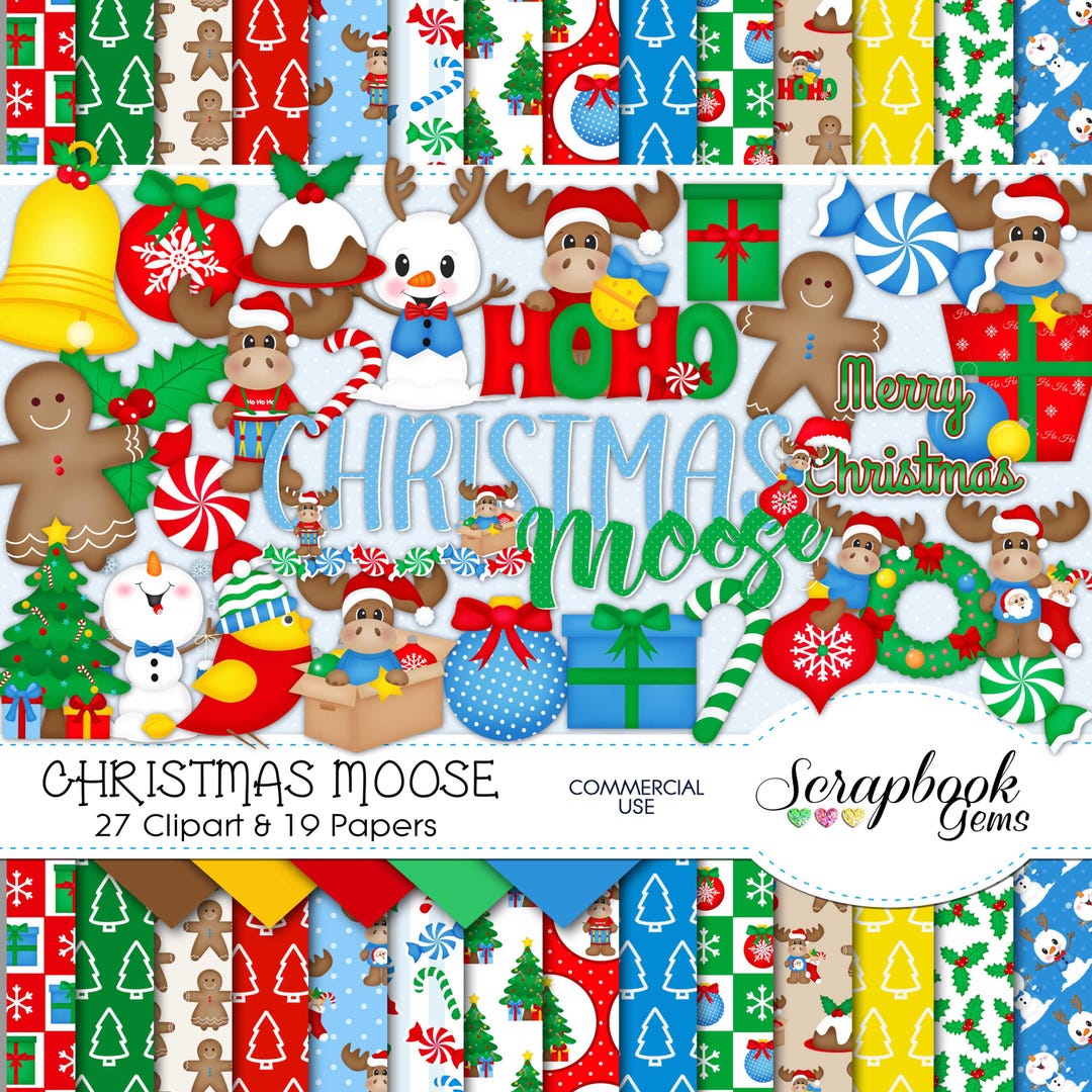 CHRISTMAS MOOSE Clipart & Papers Kit, 27 Png Clipart Files, 19 Jpeg ...