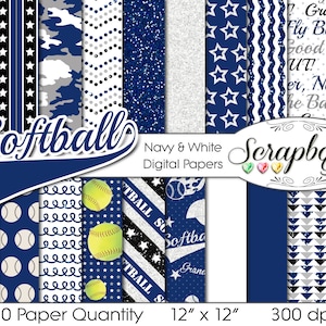 SOFTBALL Digital Papers Navy Blue & White, 20 Pieces, 12" X 12", High ...